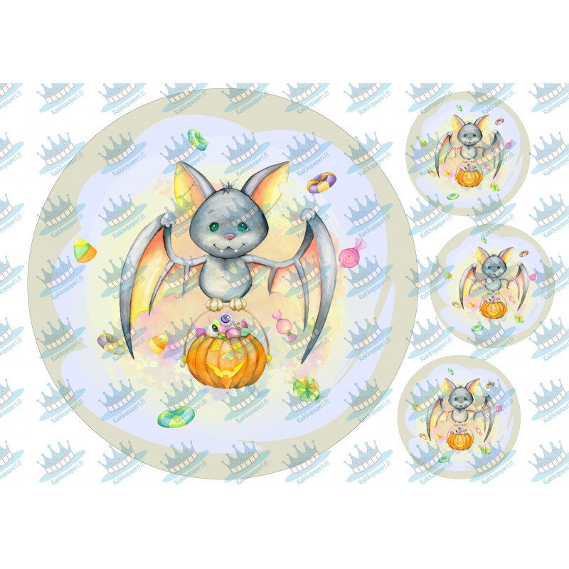 Bat And Pumpkin Watercolor - Edible cake topper